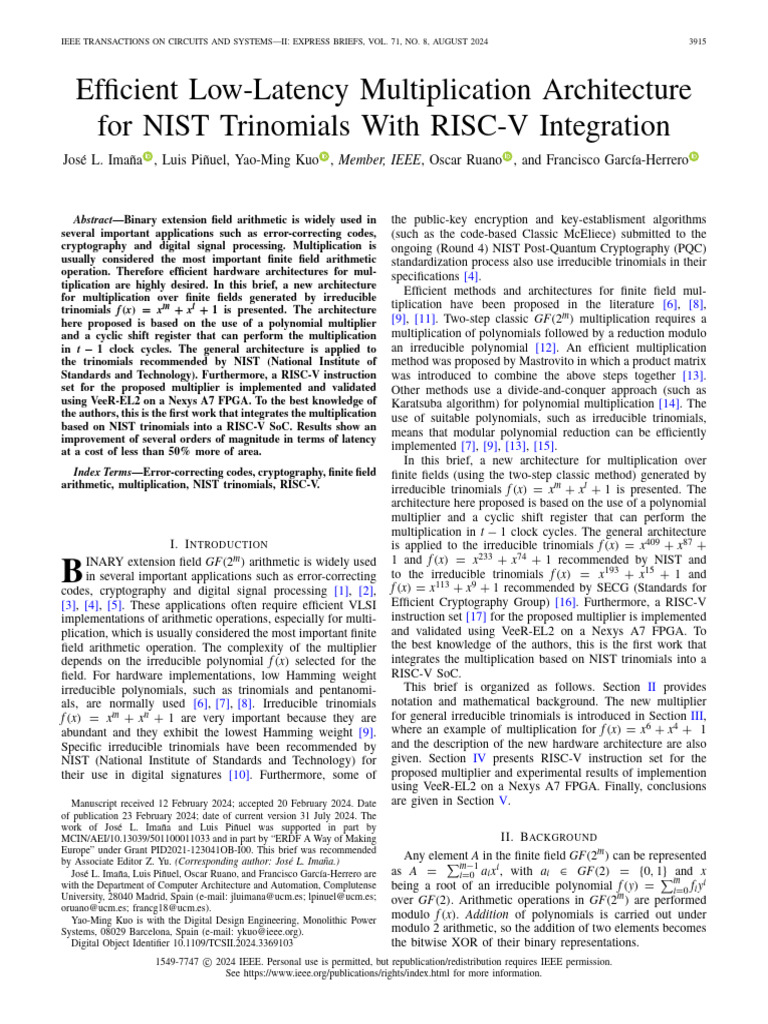 Efficient Low-Latency Multiplication Architecture for NIST Trinomials With RISC-V Integration ...