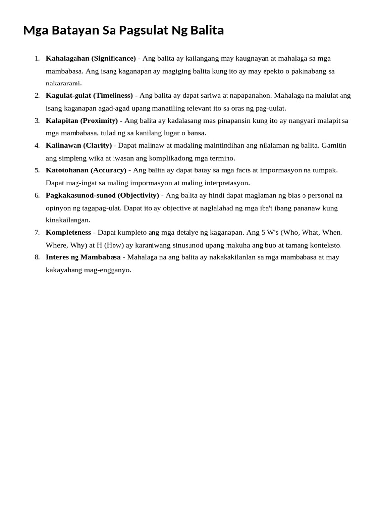 Mga Batayan Sa Pagsulat NG Balita | PDF