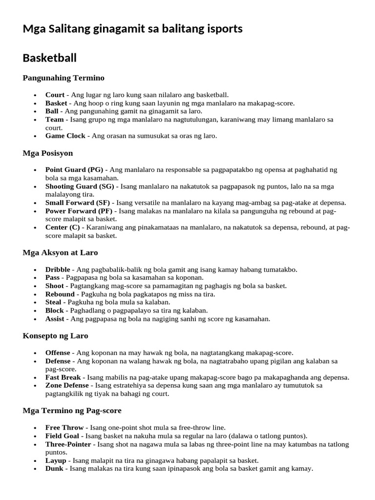 Mga Salitang Ginagamit Sa Balitang Isports | PDF