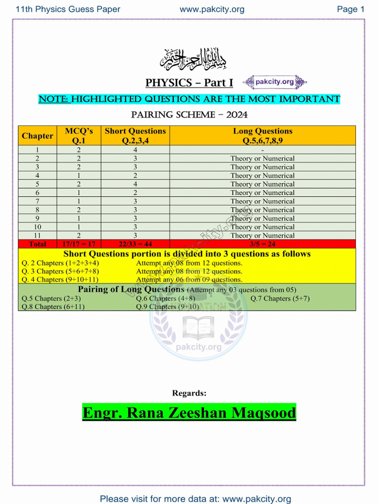 11th Physics Imp Guess Paper 2025 | PDF