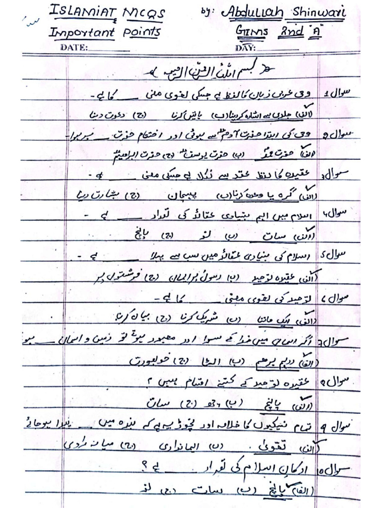 Islamyat MCQS by Abdullah Shinwari - 2 | PDF