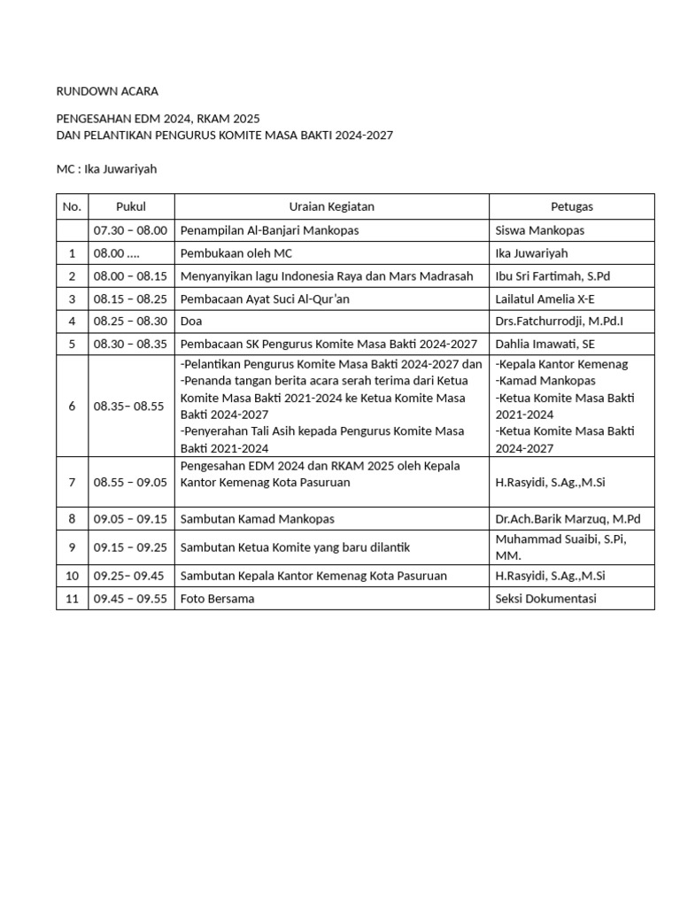 Rundown Acara Pengesahan Edm 2024, Rkam 2025 | PDF