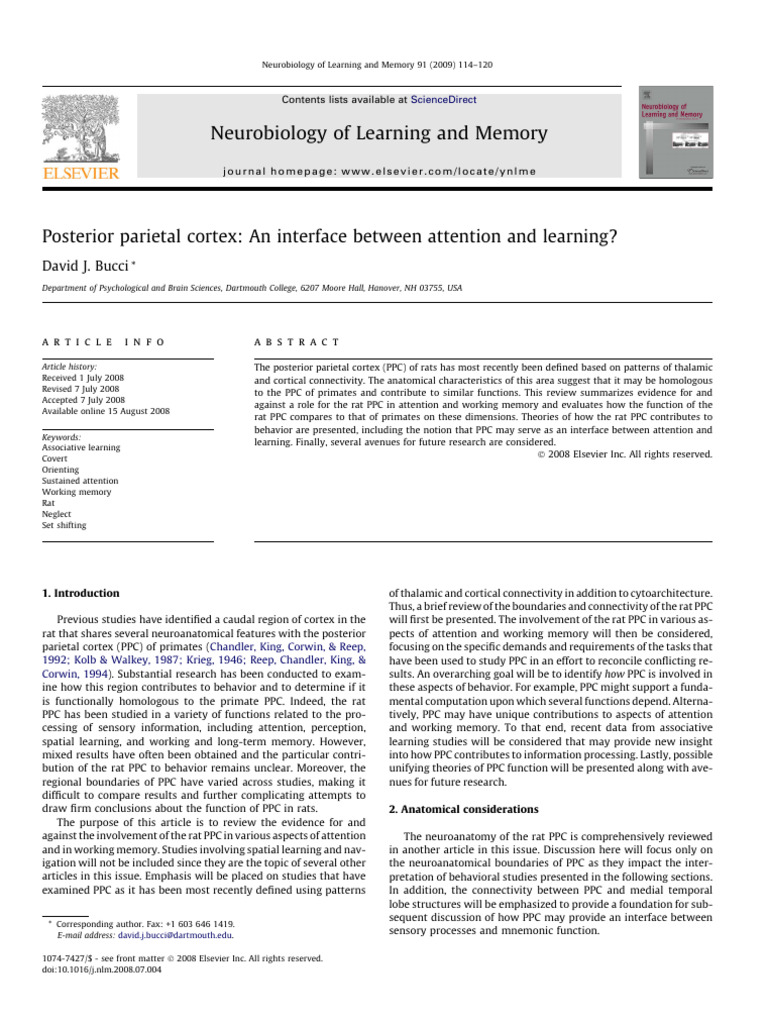 Posterior Parietal Cortex - An Interface Between Attention and Learning ...