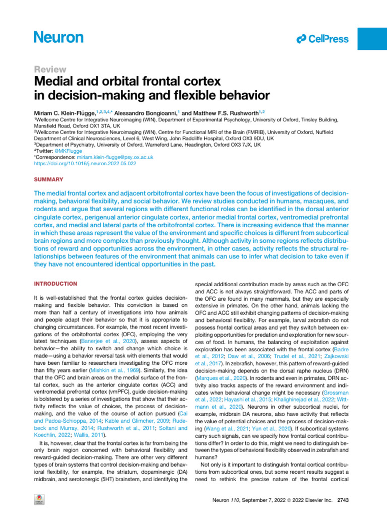 Medial and Orbital Frontal Cortex in Decision-making and Flexible Behavior | PDF | Cerebral ...
