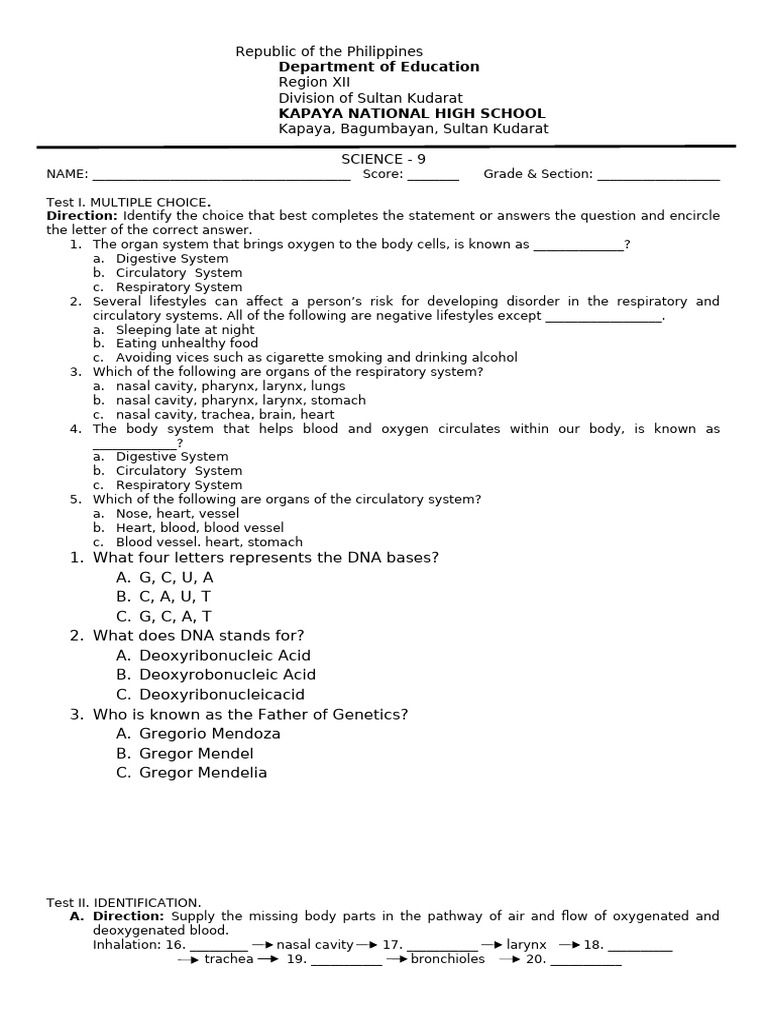 Sample Science 9 Test Questions | PDF | Dominance (Genetics) | Heart Valve