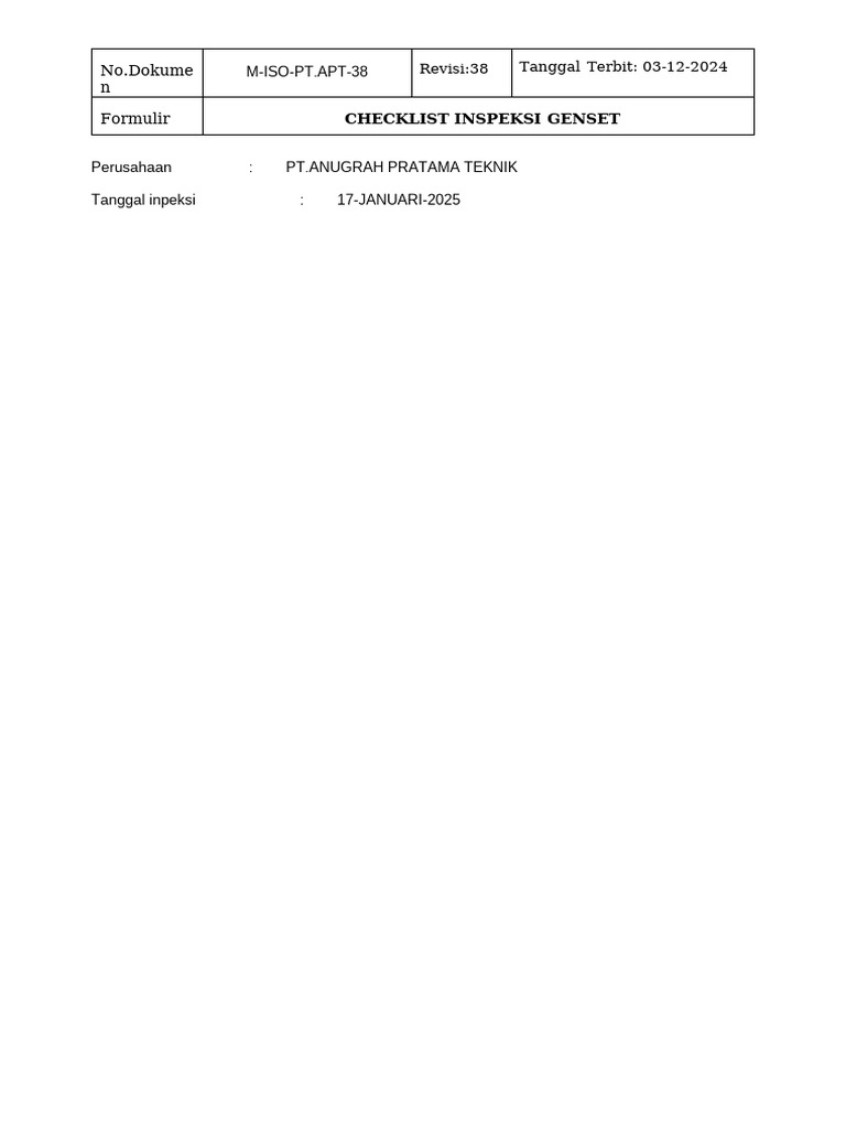 Checklist Inspeksi Genset 2025 | PDF