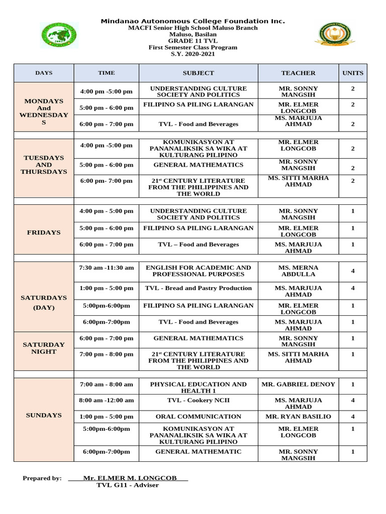 Class Program SHS '20-'21-1 | PDF