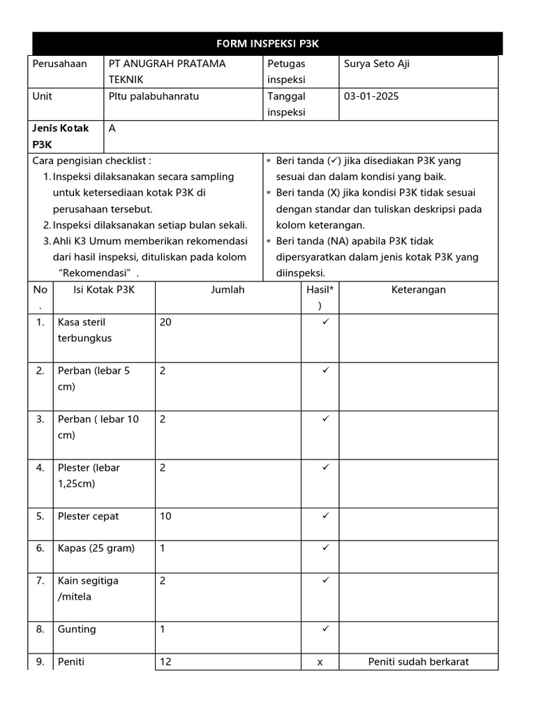 4. Form Inspeksi P3K | PDF