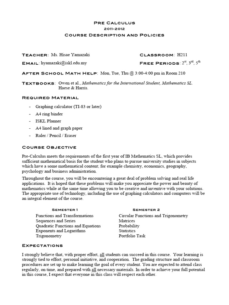 Pre-Calculus Course Overview 2011-12 | PDF | Homework | Mathematics