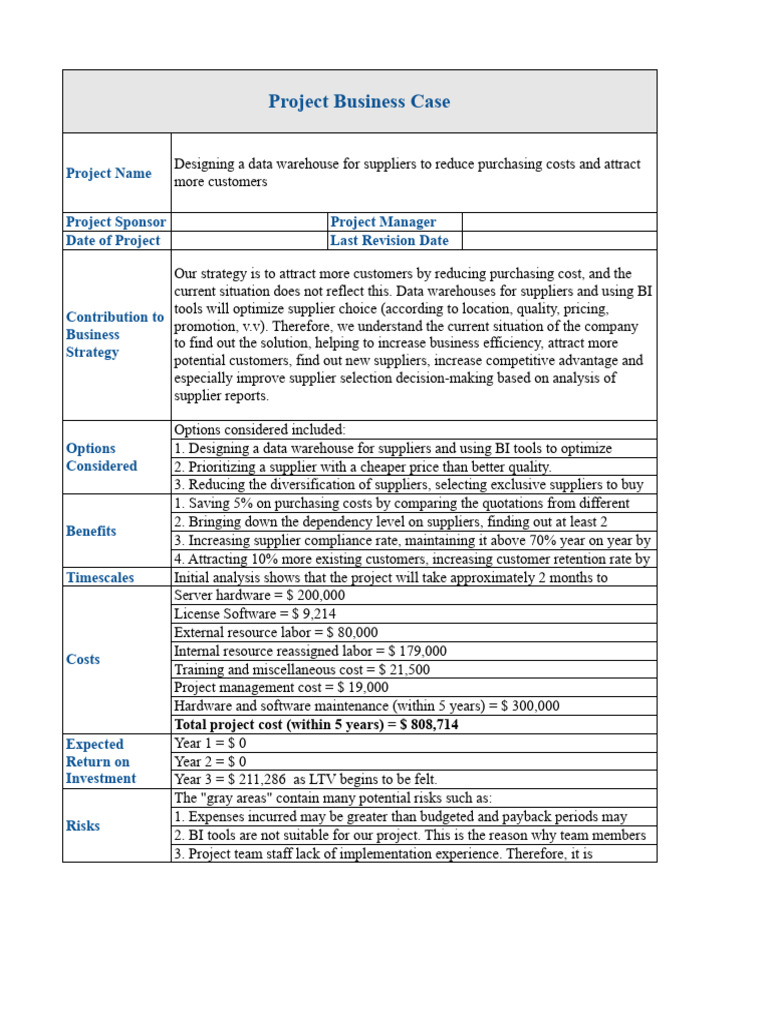 PHASE 1 - Business Case, Project Charter - XLSX - Project Business Case ...
