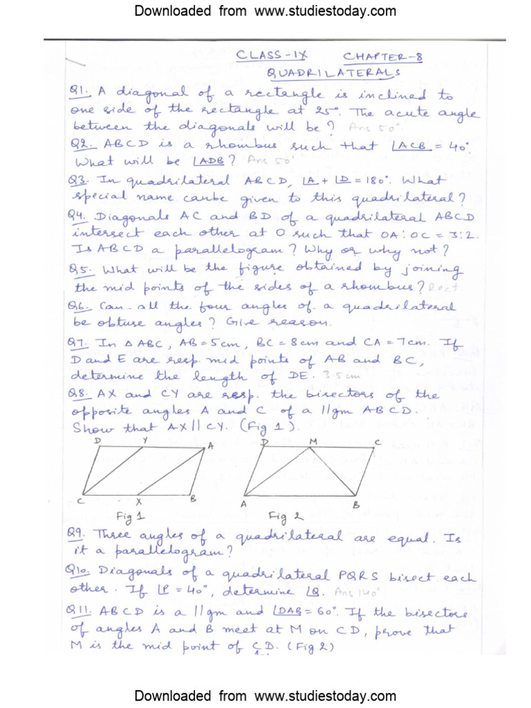 CBSE Class 9 Mathematics Worksheet - Quadrilaterals | PDF