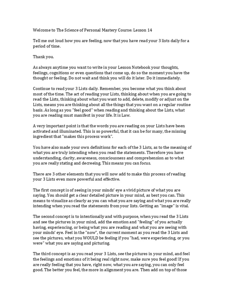 Personal Mastery Course: Lesson 14 | PDF | Feeling | Mental Image