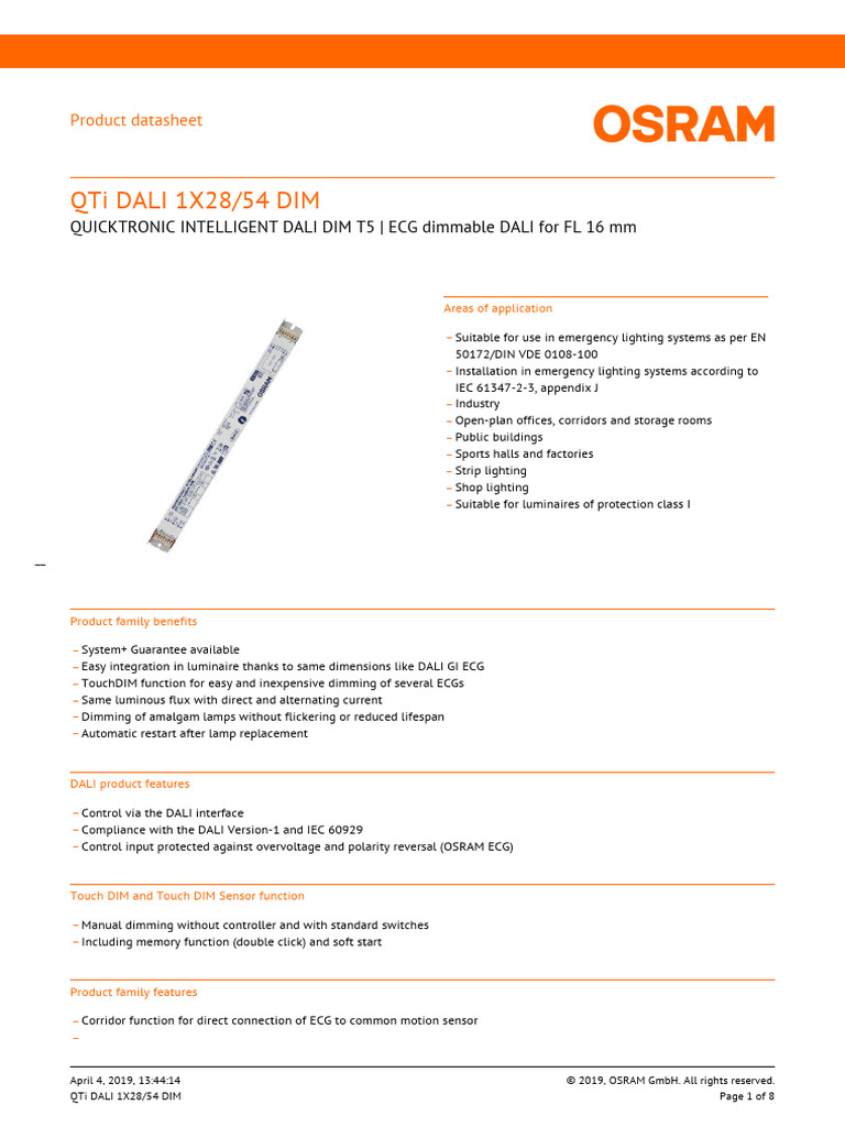 Osram QTi DALI 1x28 54 Dim | PDF | Compact Fluorescent Lamp | Lighting