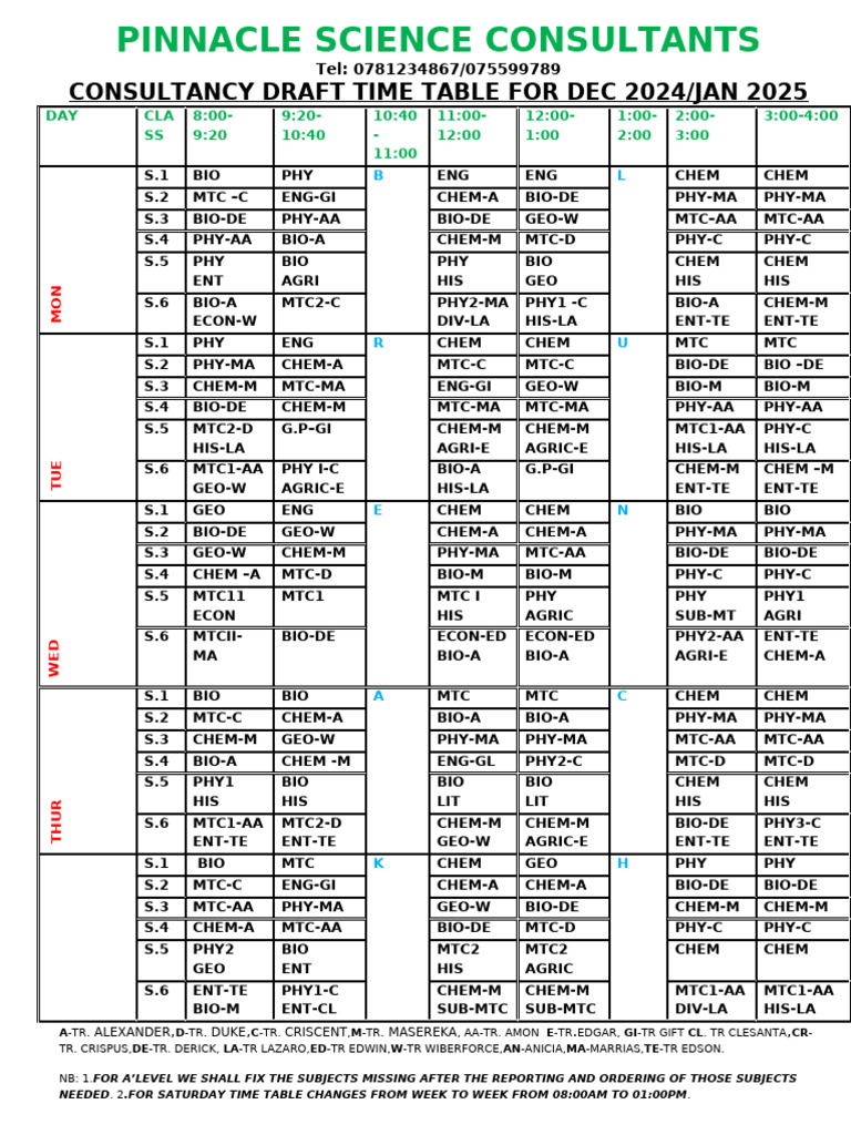 Consultancy Timetable Dec 2024/Jan 2025 | PDF