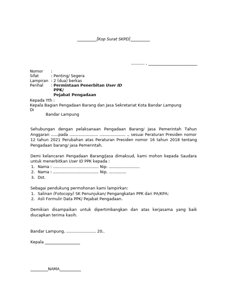 Format Surat Permintaan Penerbitan User-ID PPK | PDF