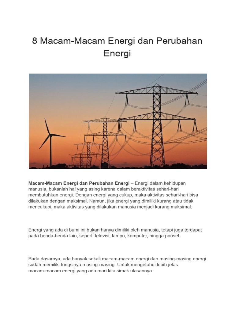 8 Macam-Macam Energi Dan Perubahan Energi | PDF