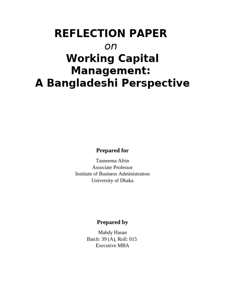 Reflection Paper - Mahdy Hasan - F501 | PDF | Working Capital | Supply ...