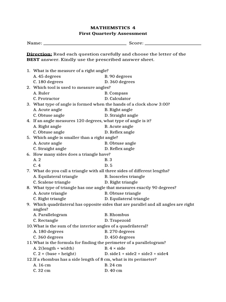 Mathematics 4 Quarterly Assessment | PDF | Rectangle | Triangle
