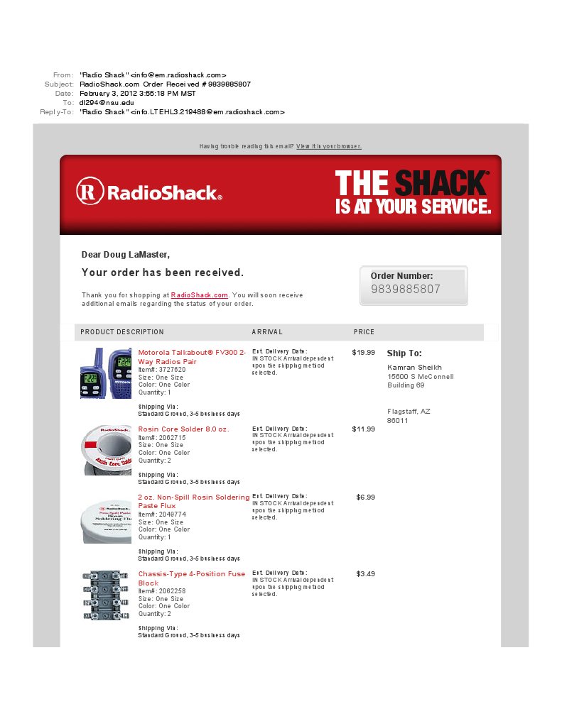 RadioShack Order Confirmation #9839885807 | PDF