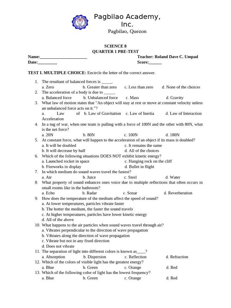 Science 8 Pre-test | PDF | Force | Waves