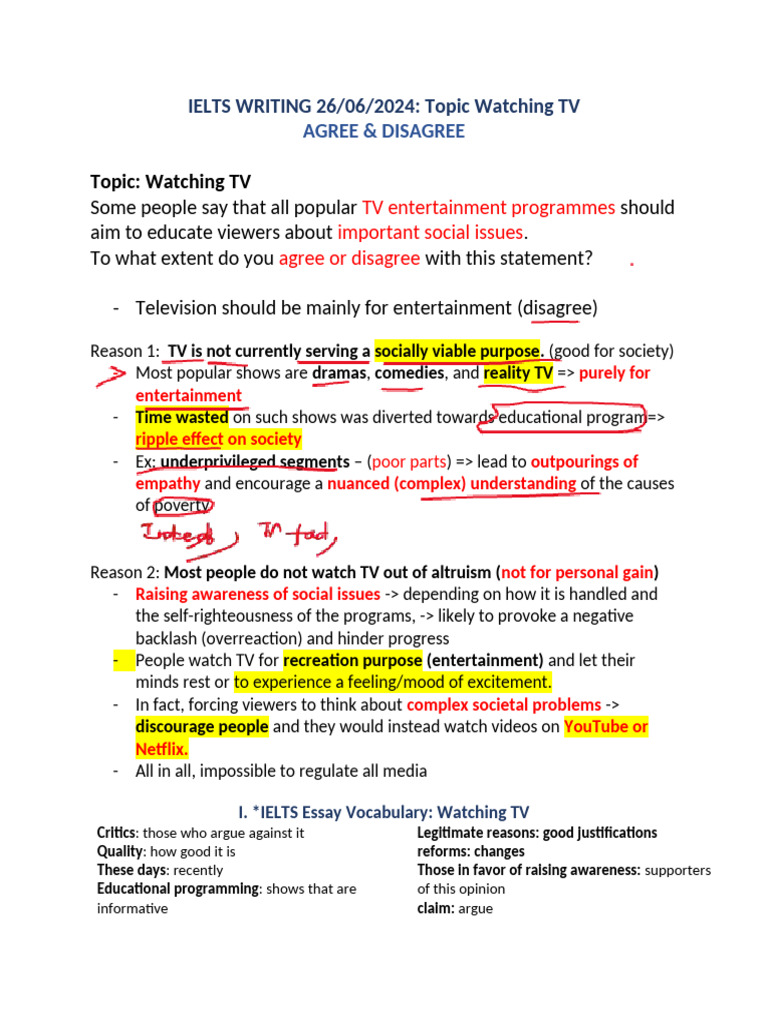 Ielts Writing 26-06-2024 - Topic Watching TV Agree & Disagree | PDF ...