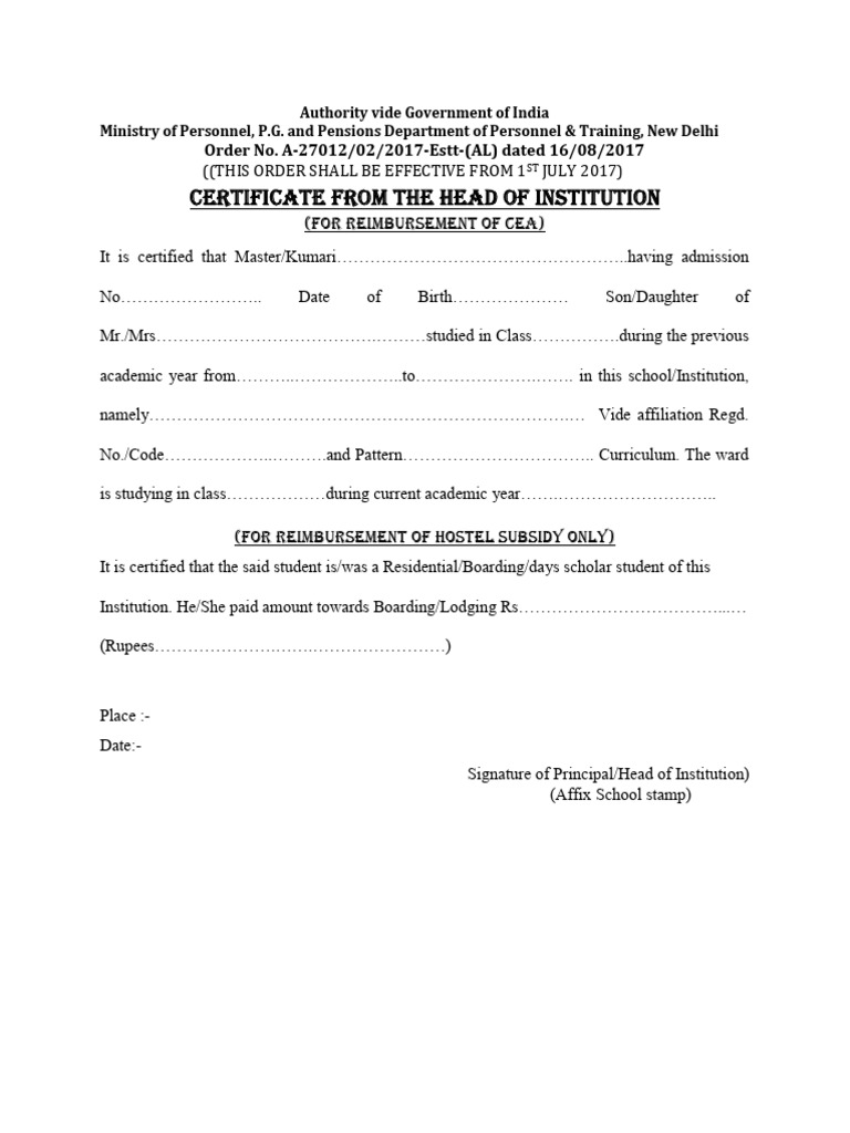 Hostel Subsidy Certificate Guidelines | PDF