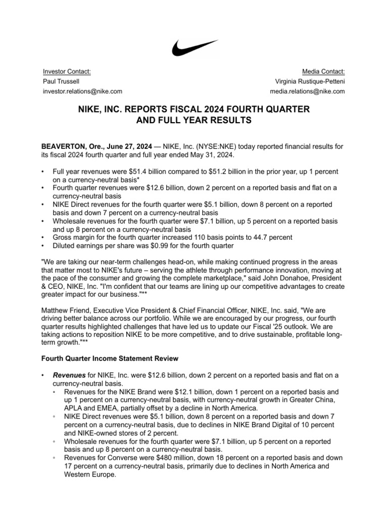 FY24Q4Combined NIKE Press Release Schedules FINAL | PDF | Dividend ...