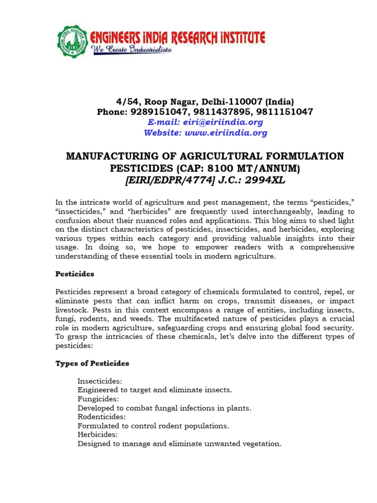 Project Report On MANUFACTURING OF AGRICULTURAL FORMULATION PESTICIDES ...