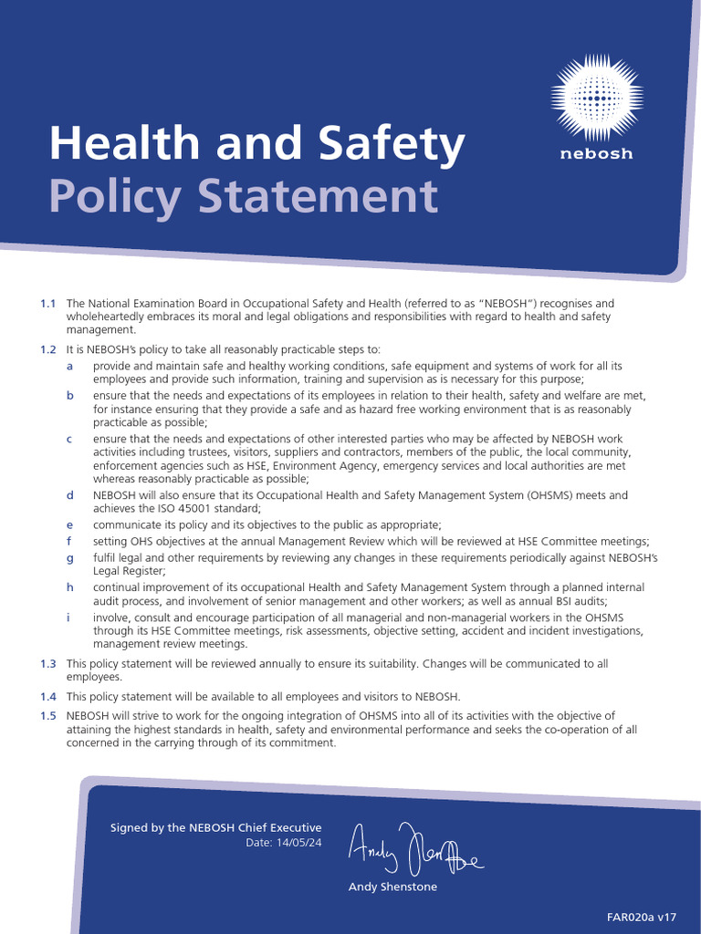 Far020a Health and Safety Policy Statement 0560 v17 | PDF ...