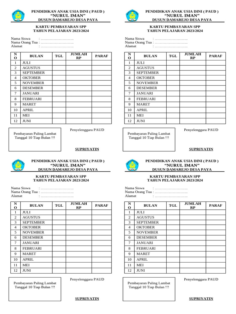 Kartu SPP Paud Nurul Iman | PDF