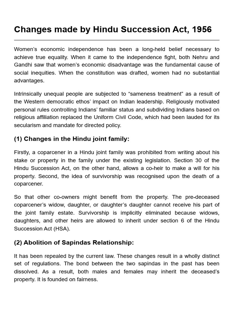 Changes made by Hindu Succession Act, 1956 | PDF | Inheritance | Legitimacy (Family Law)