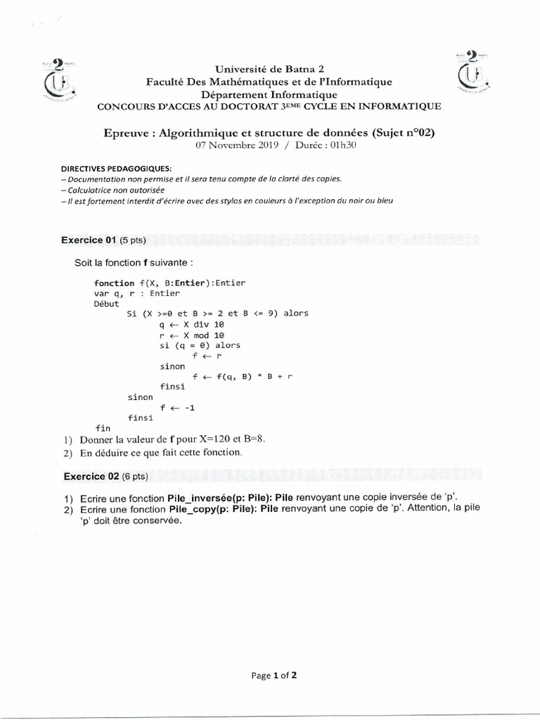 Sujet 1 Doctorat Spécialité Informatique - (Épreuve Avec Correction Algorithmique Et Structure ...