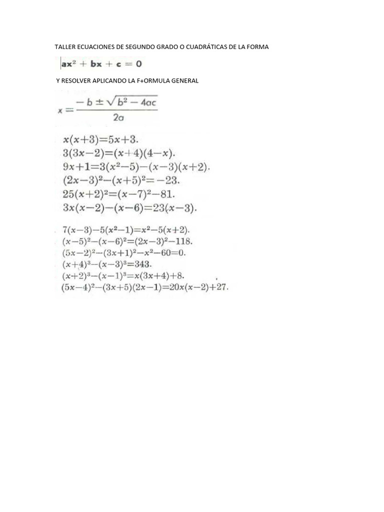 Taller Ecuaciones de Segundo Grado o Cuadráticas | PDF