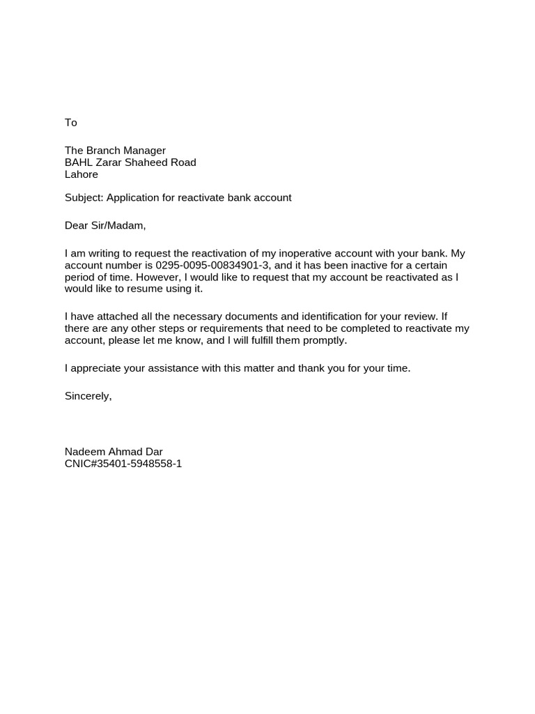 Request to Reactivate Bank Account | PDF