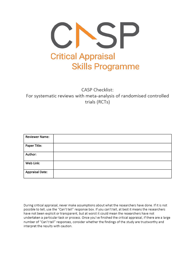 CASP Checklist Systematic Reviews Meta Analysis RCT Checklist 2024 ...
