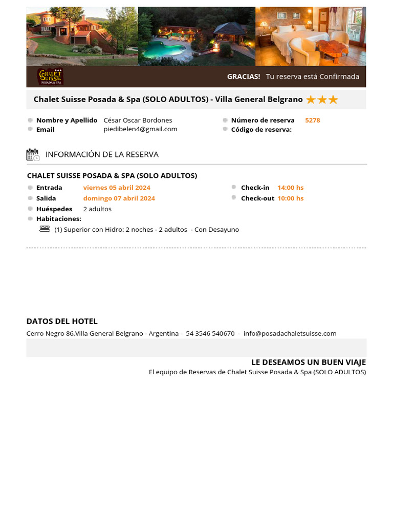 Reserva Confirmada en Chalet Suisse | PDF