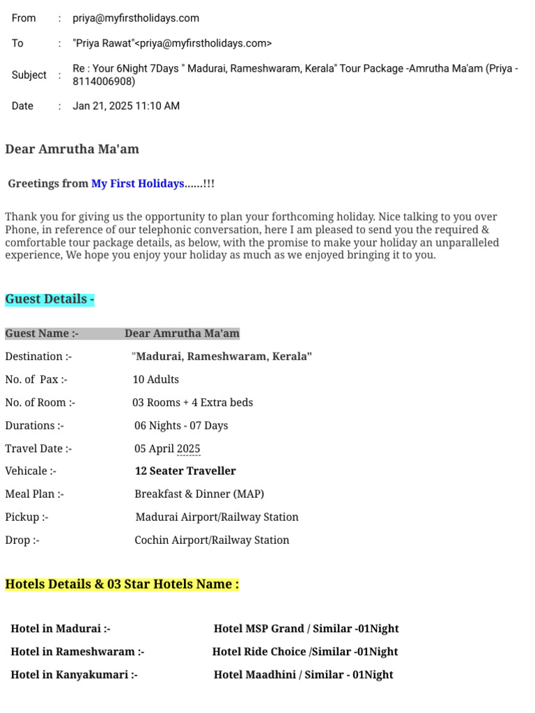 Re - Your 6night 7days - Madurai, Rameshwaram, Kerala - Tour Package - Amrutha Ma'am (Priya ...