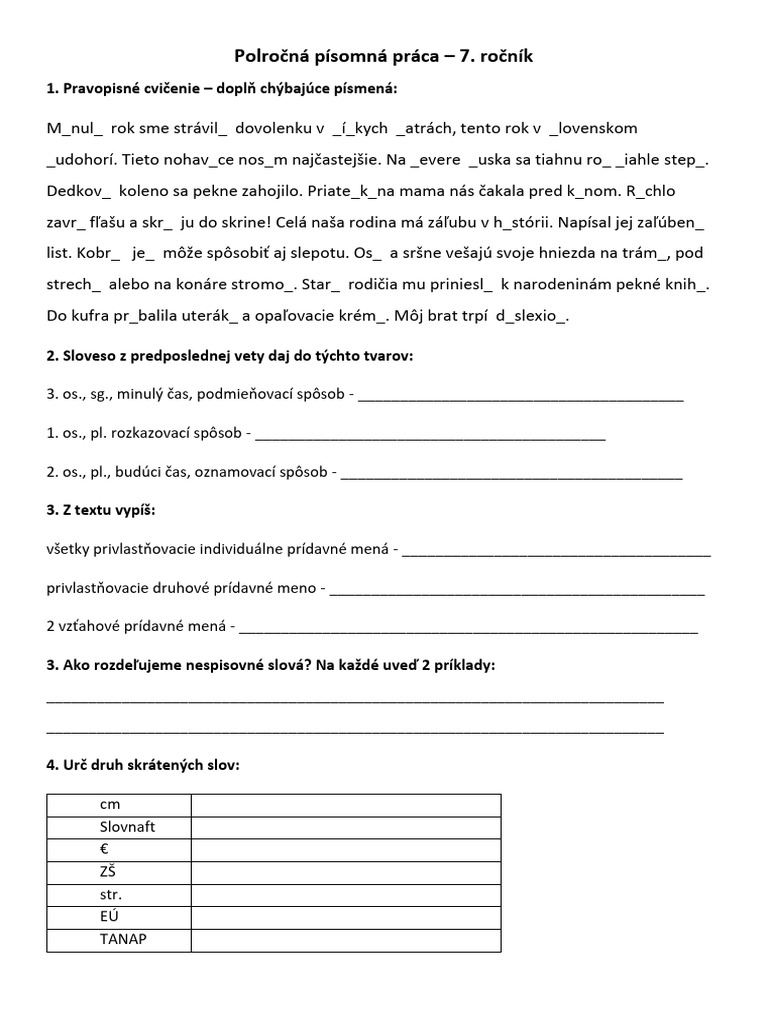 SJL Opakovanie 1. Polroka - 7. Rocnik - 2024-25 | PDF