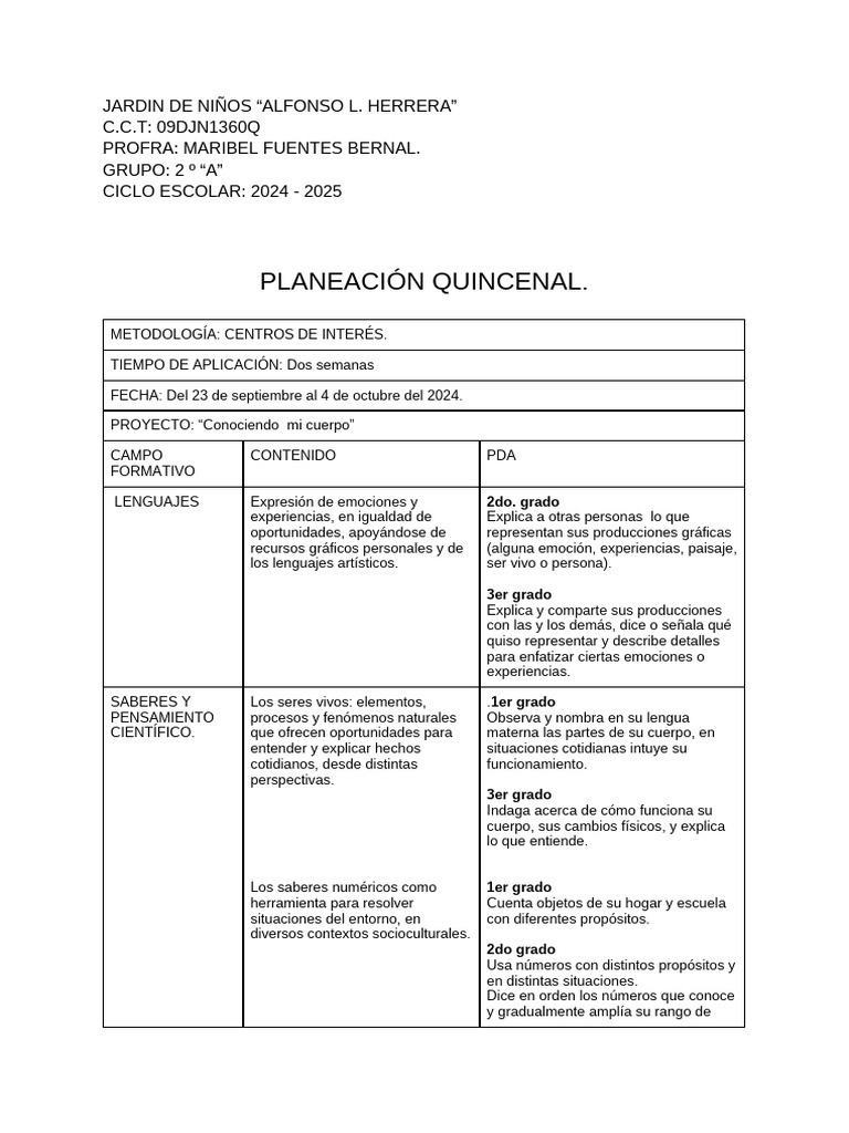 Planeación Quincenal: Conociendo el Cuerpo | PDF