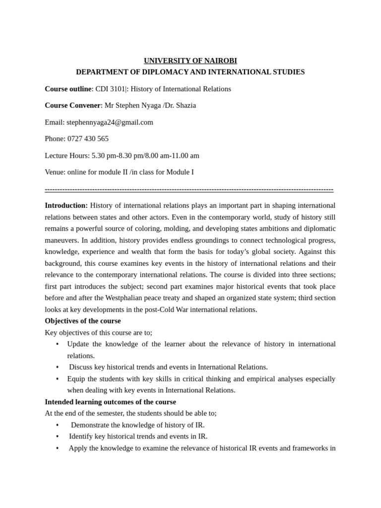 CDI 3101 History of International Relations Course Outline | PDF ...