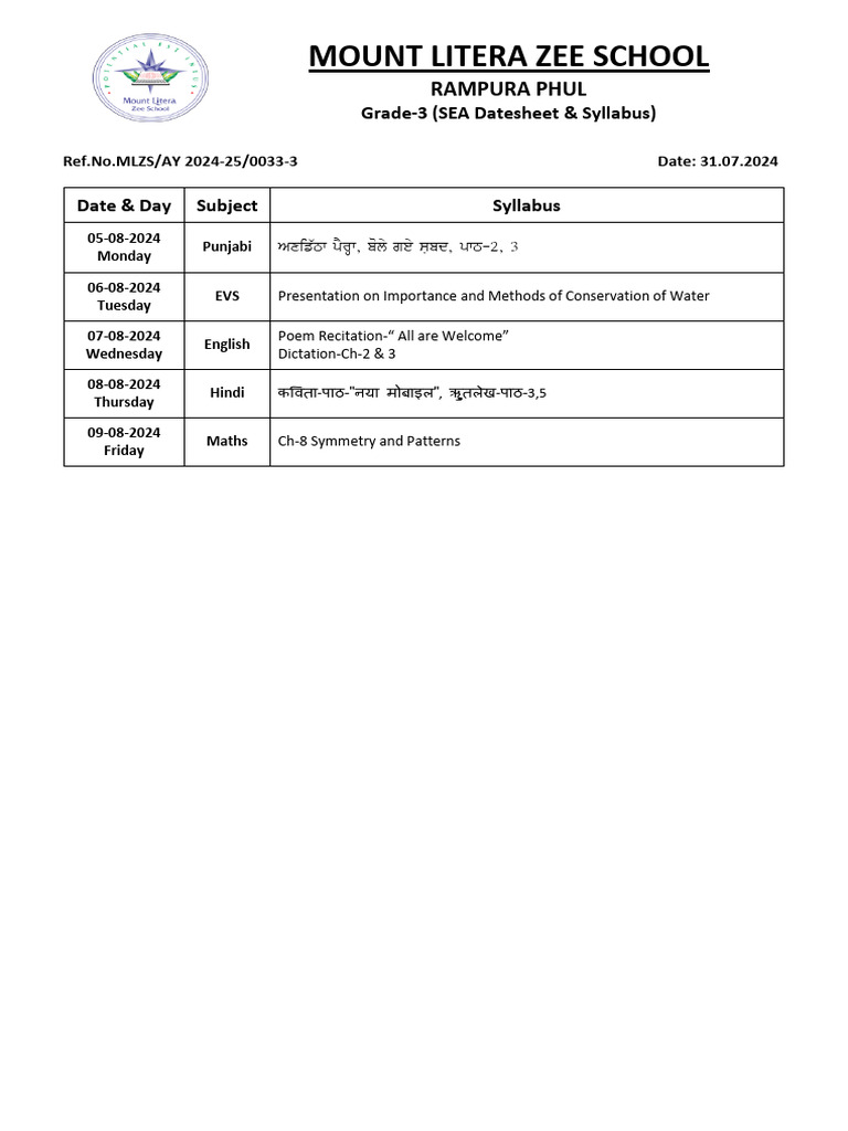 Grade-3 SEA Syllabus & Datesheet - 383497 - 383497 | PDF