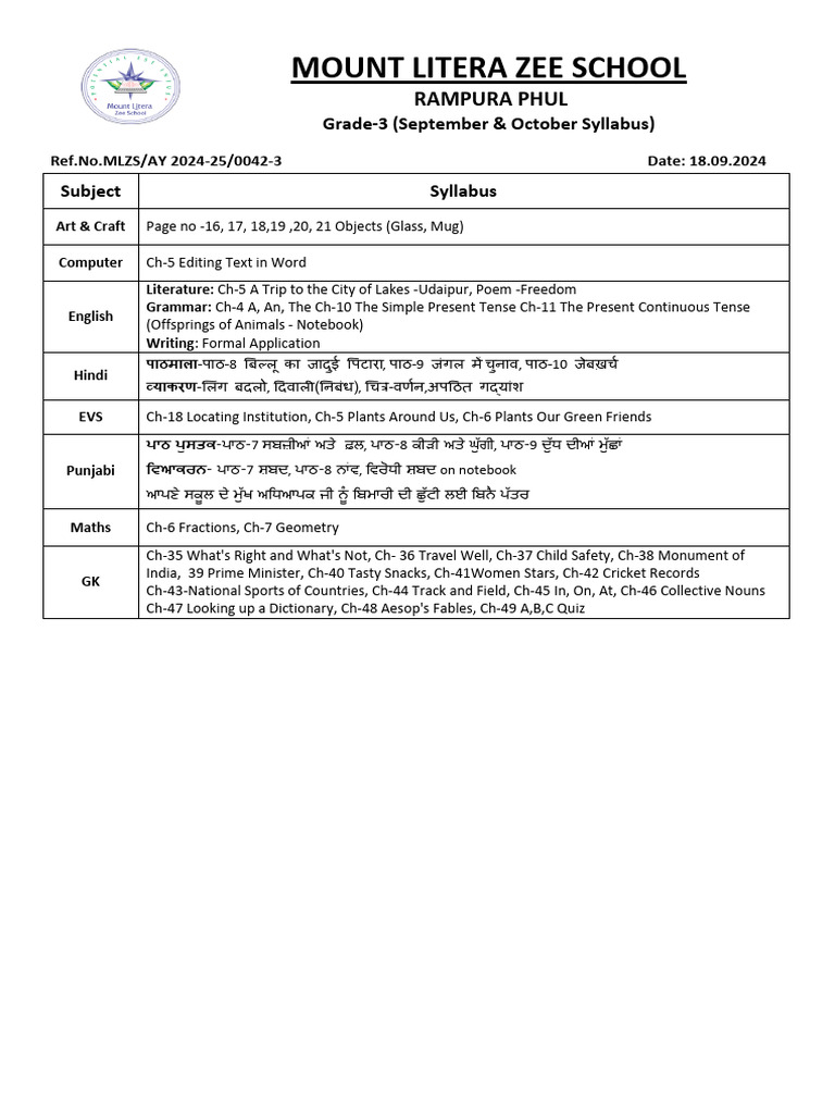 Grade 3 Syllabus for September-October | PDF