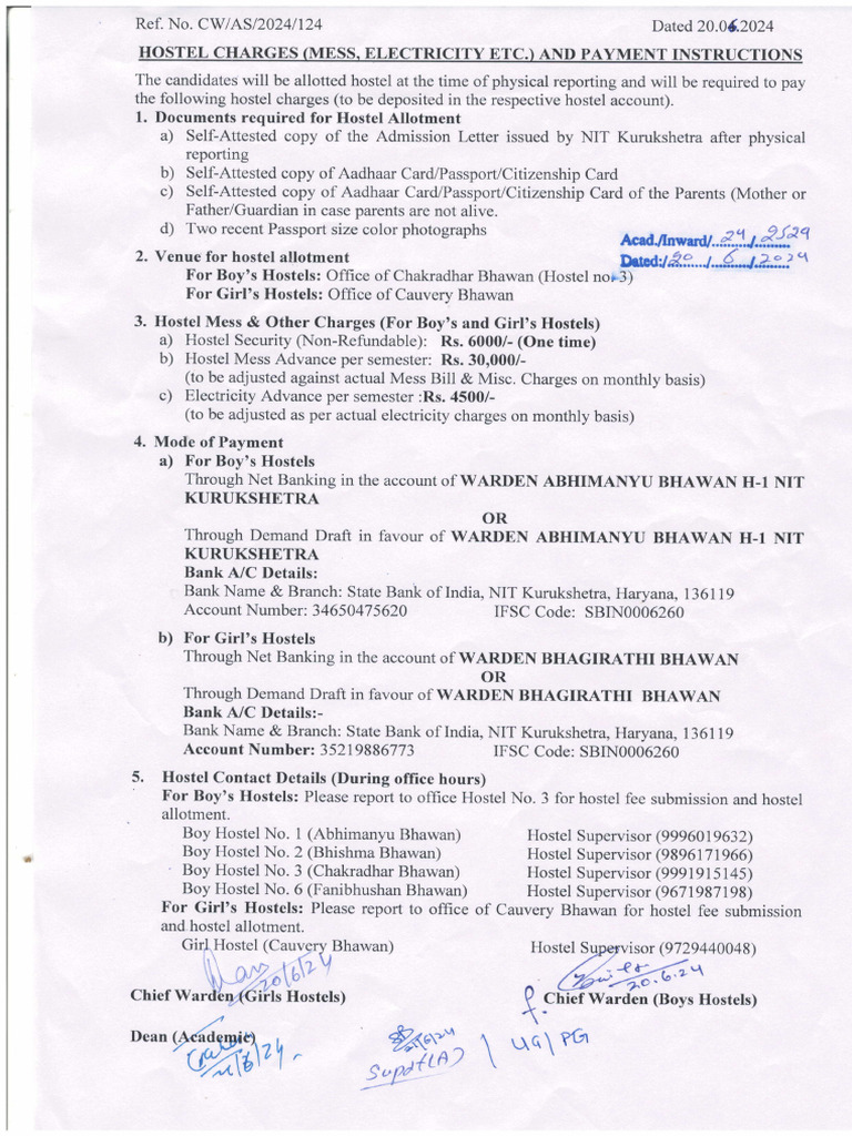 NIT Kurukshetra Hostel and Mess Fees | PDF