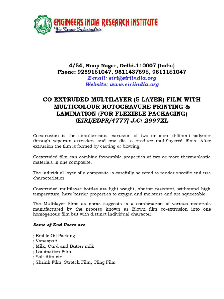 Project Report On CO-EXTRUDED MULTILAYER (5 LAYER) FILM WITH ...