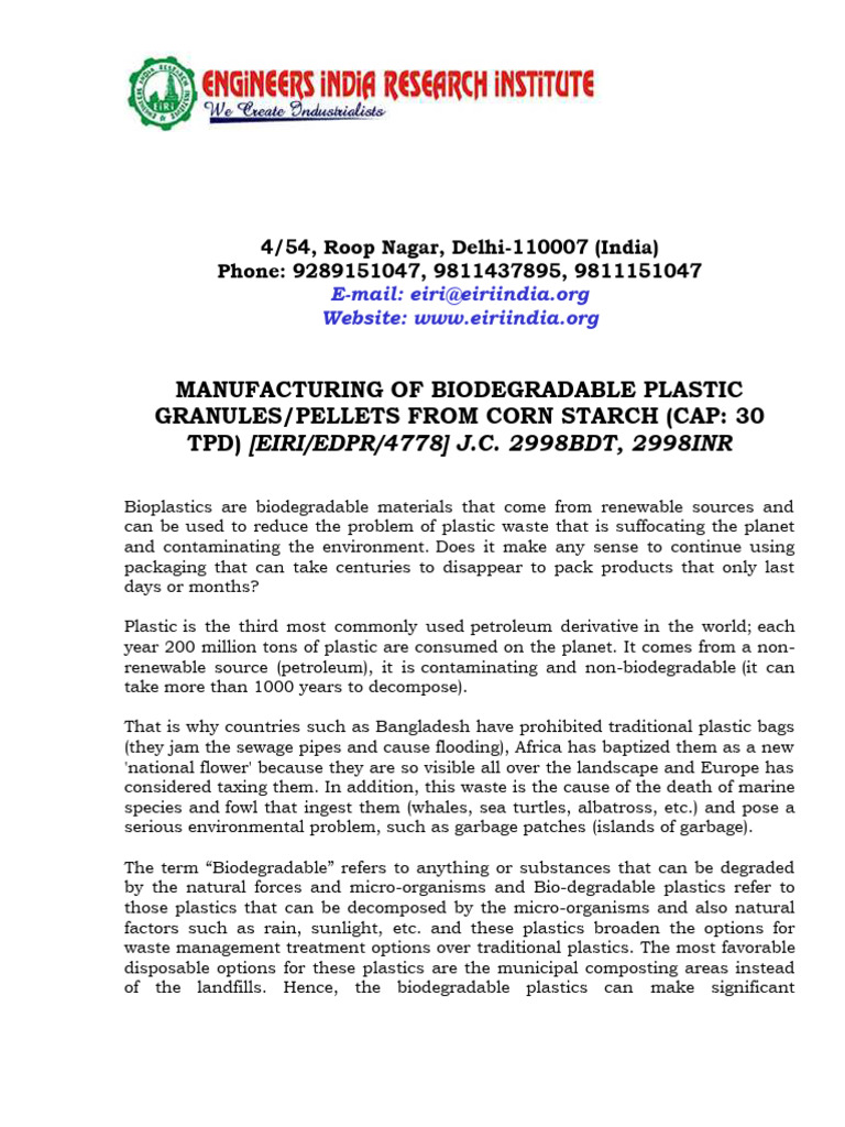 Project Report On MANUFACTURING OF BIODEGRADABLE PLASTIC GRANULES/PELLETS FROM CORN STARCH (CAP ...