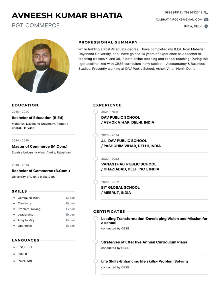 Avneesh Kumar Bhatia Resume | PDF | Academic Degree | Educational Stages