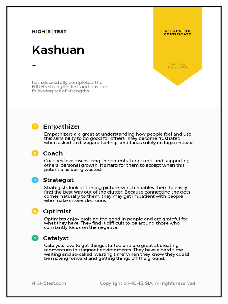 HIGH5 Strengths Test Results For Kashuan | PDF