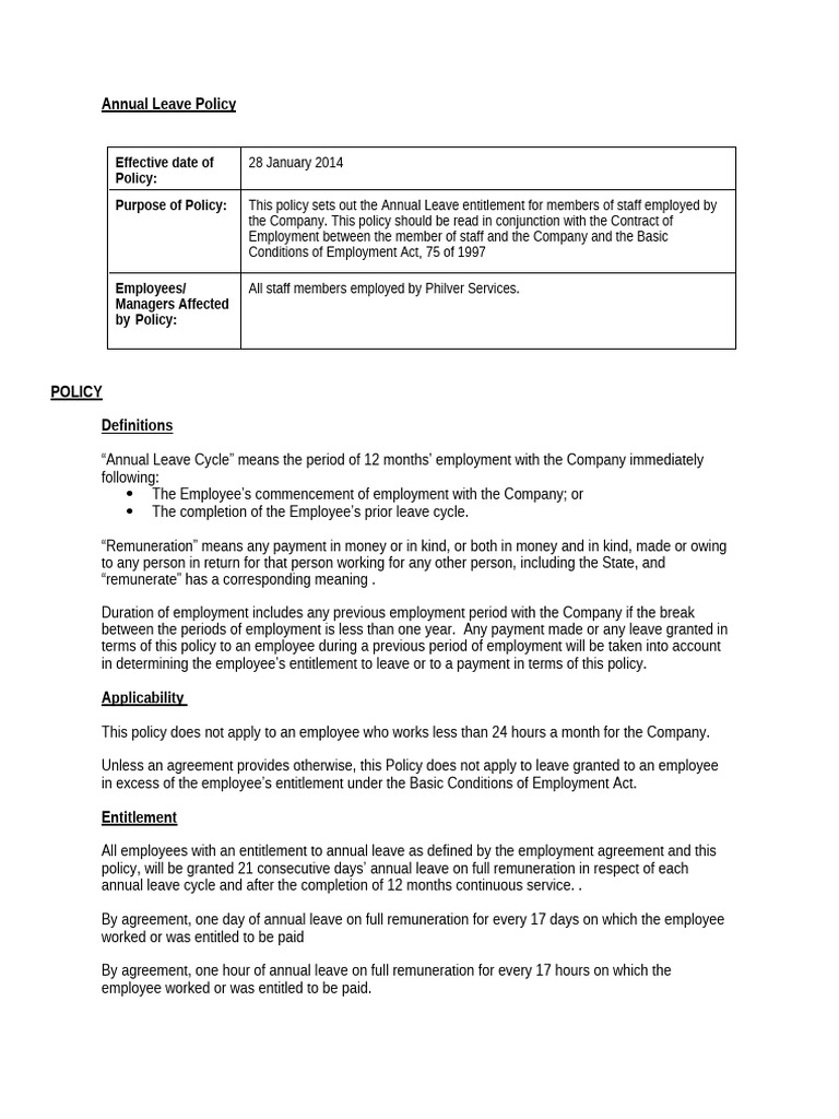 Annual Leave Policy | PDF | Employment | Annual Leave
