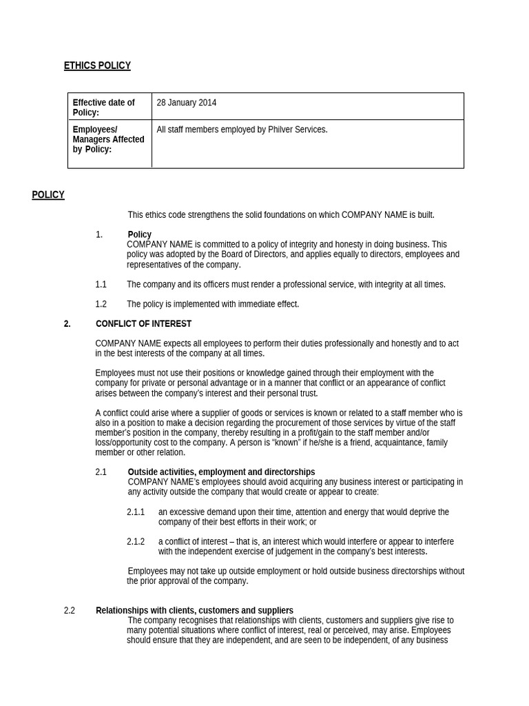 Ethics Policy | PDF | Conflict Of Interest | Employment