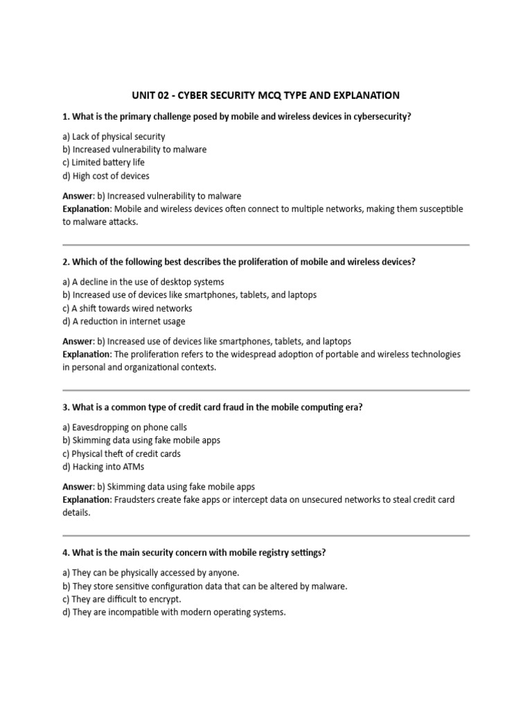 Unit 02 Cyber Security MCQ With Explanation | PDF | Security | Computer ...